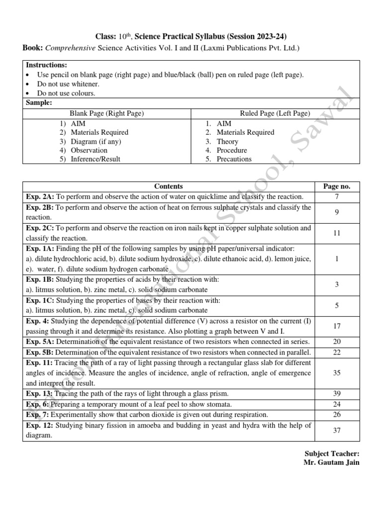 Syllabus Science Practical Class 10th Session 2023-24 | PDF