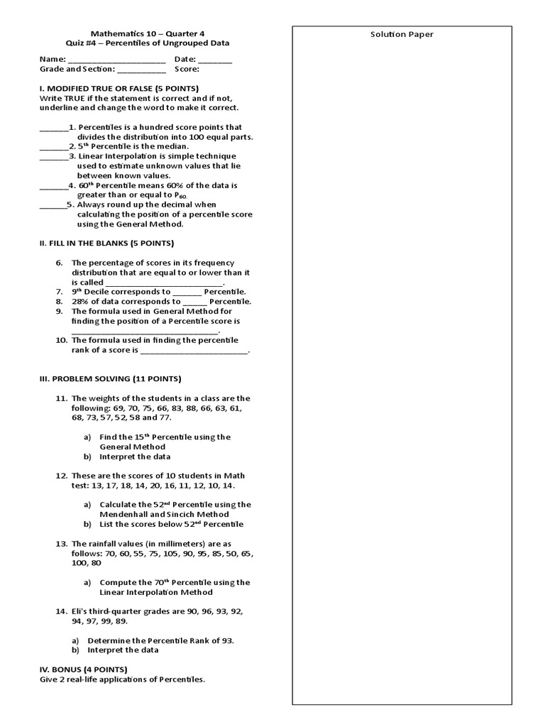 Percentiles of Ungrouped Data Quiz | PDF