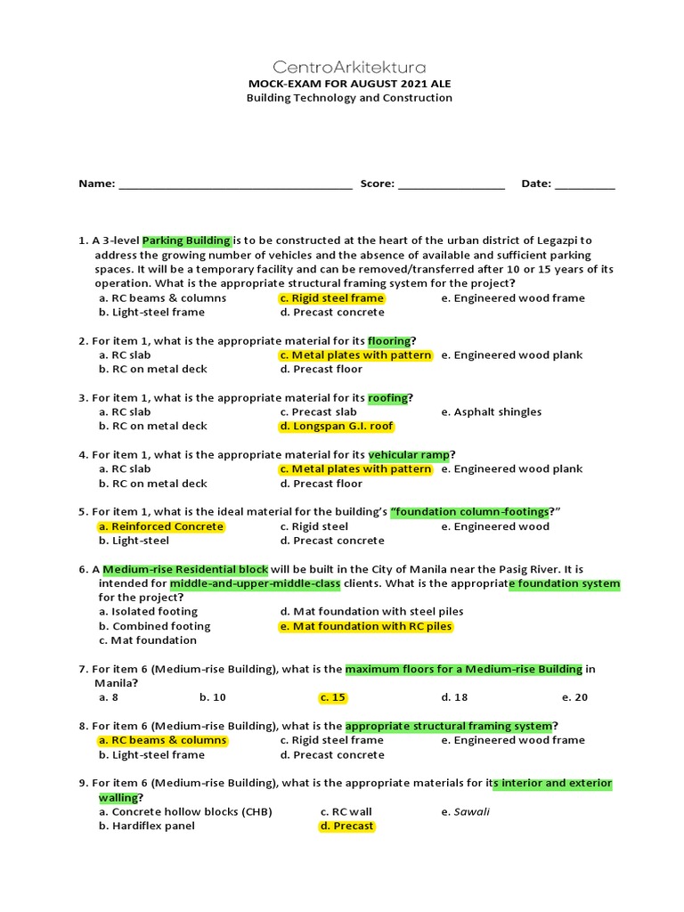 August 2021 ALE Mock Exam: Building Tech | PDF | Framing (Construction ...