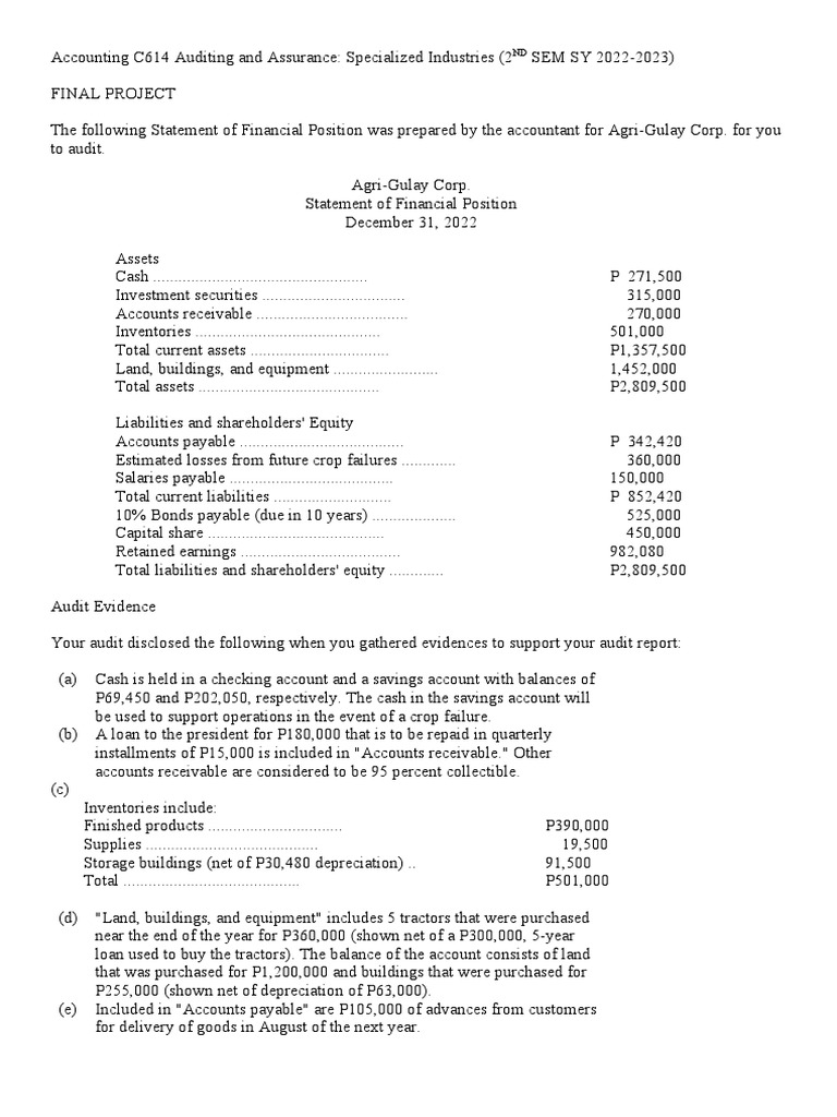 Final Proj Sy2022-23 Agrigulay Corp. | PDF | Balance Sheet | Retained ...