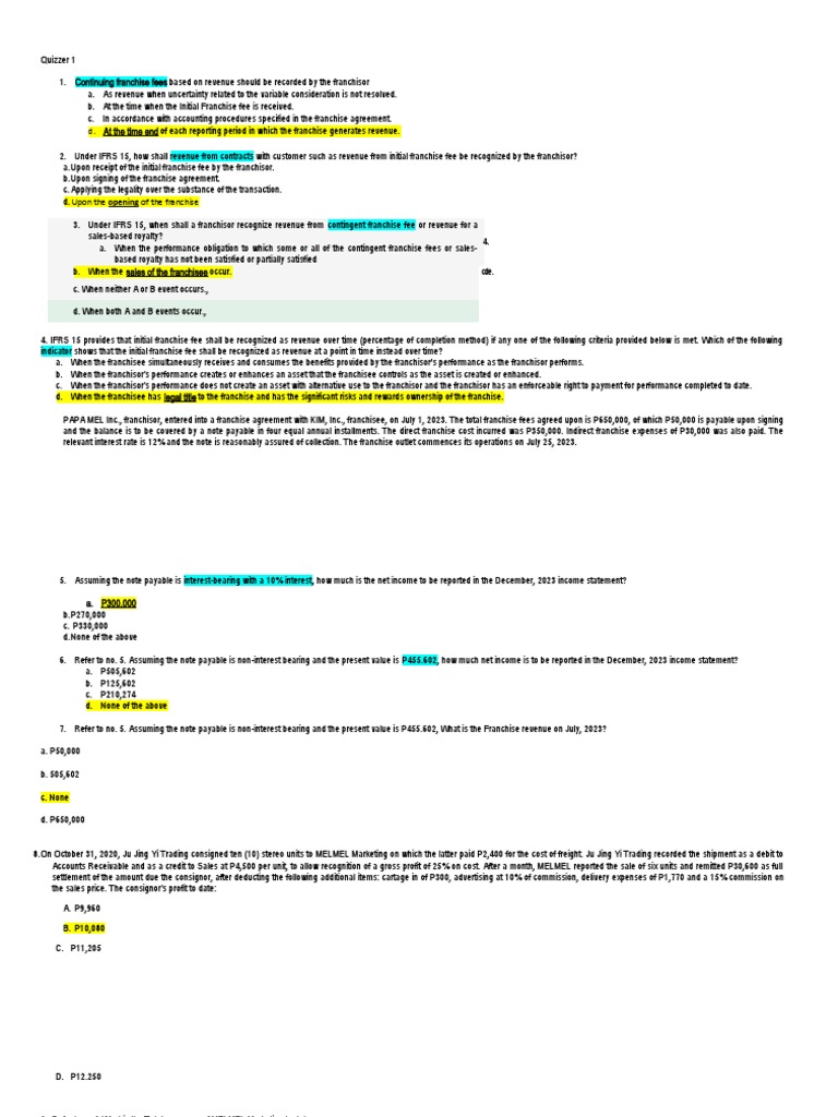 Quizzer 1 - Overall | PDF | Franchising | Revenue