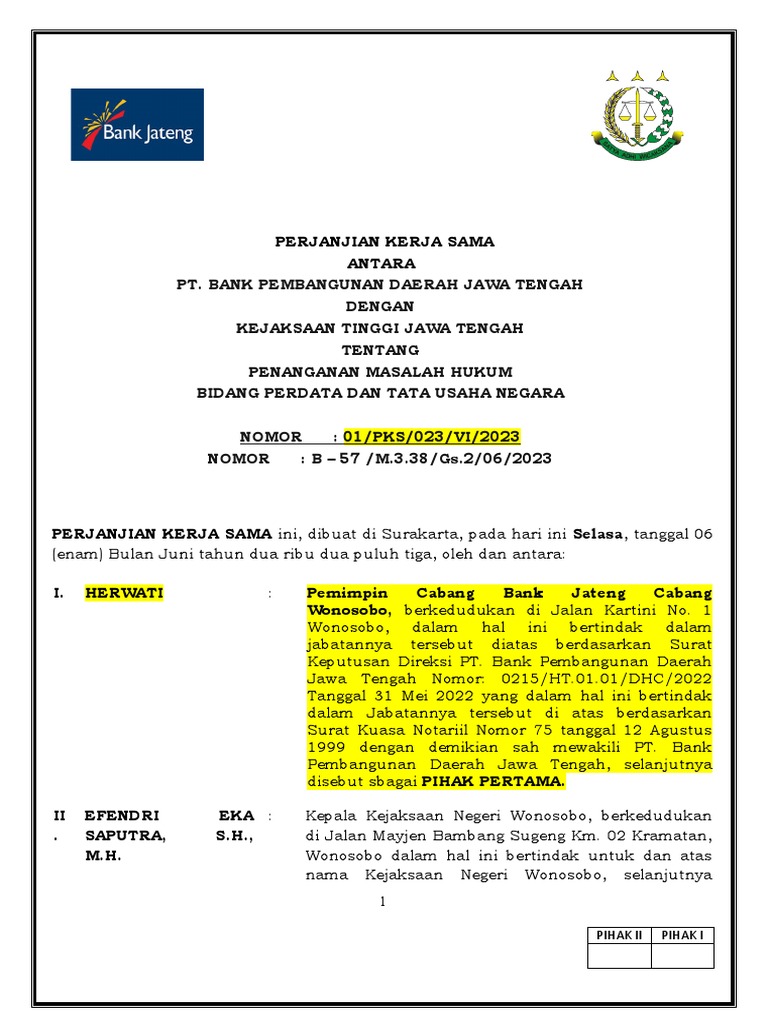 Final Draft MOU Kejari Wonosobo Dan Bank Jateng Wonosobo | PDF | Hukum