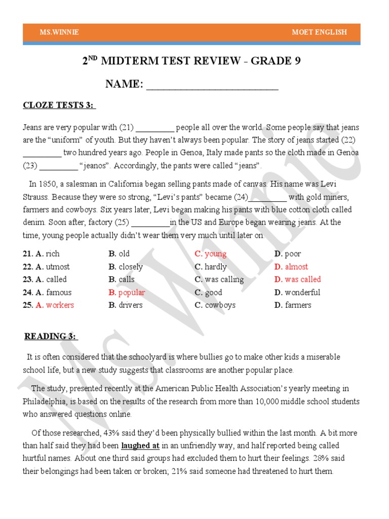 READING PRACTICE FOR TEST-2- GRADE 9 -ANSWERKEY | PDF | Jeans