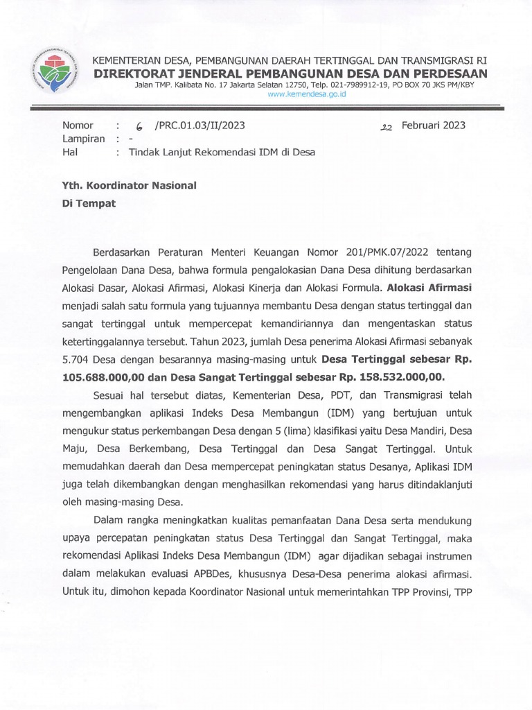 Tinjut Rekomendasi IDM Di Desa (Kornas) | PDF