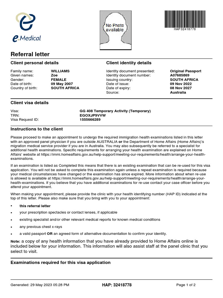 Health Examination Referral Letter - Zoe | PDF | Mental Disorder | Tuberculosis