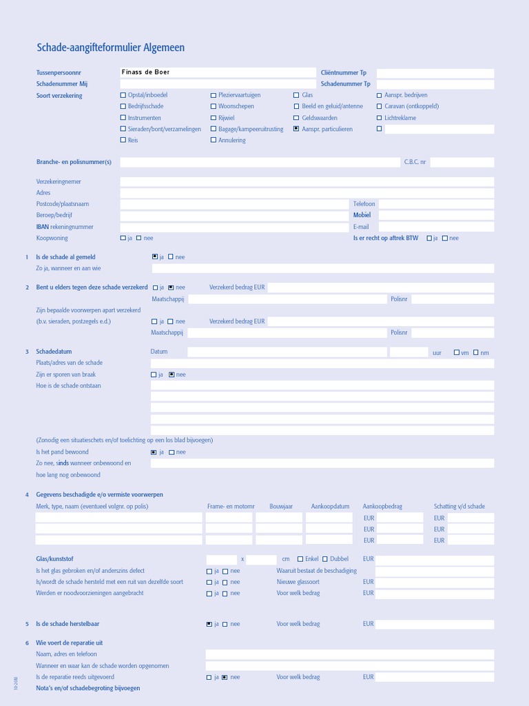 Schade-Aangifteformulier Algemeen: Finass de Boer | PDF