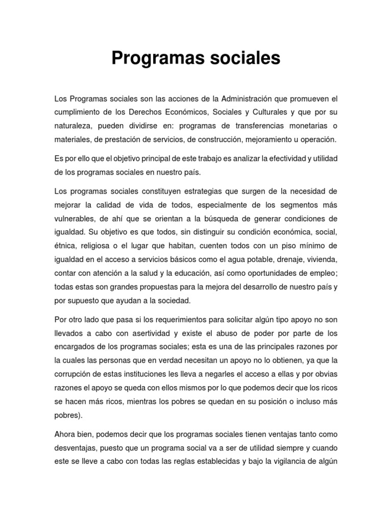 ENSAYO Programas Sociales | PDF | Pobreza | Pobreza e indigencia