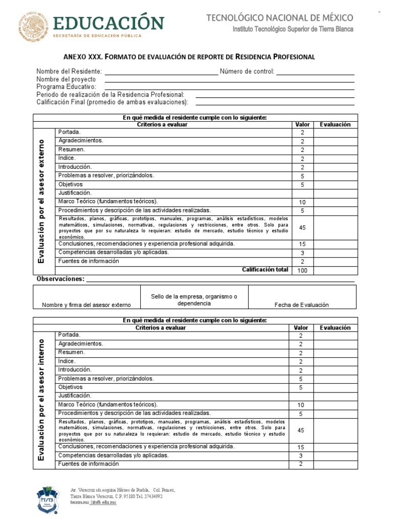 ANEXO XXX Formato de Evaluacion de Reporte de RP Final | PDF | Evaluación | Estadísticas