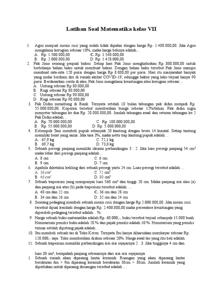 Latihan Soal Matematika Kelas VII | PDF