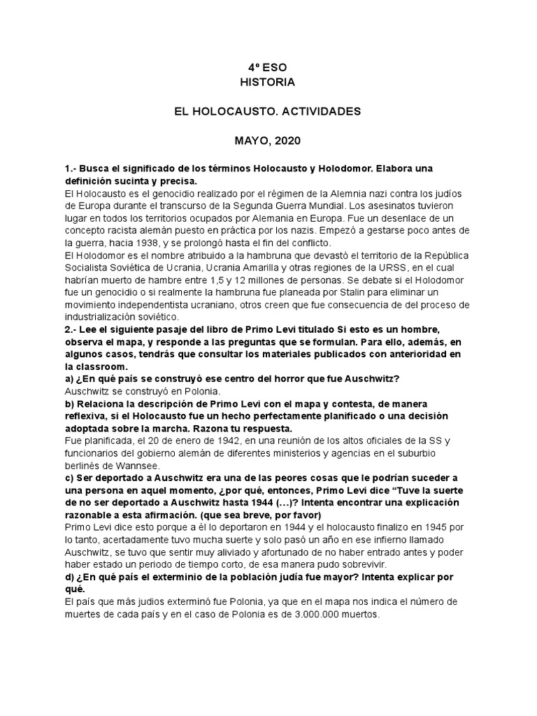 Actividades sobre el Holocausto en 4º ESO | PDF | El Holocausto ...