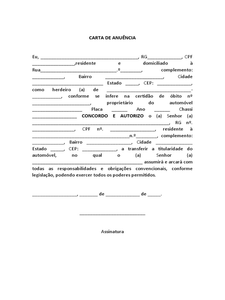 Modelo De Carta De Anuencia Para Cheques