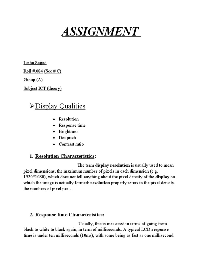 Assignment Ict (Display Qualities) | PDF | Display Resolution | Pixel