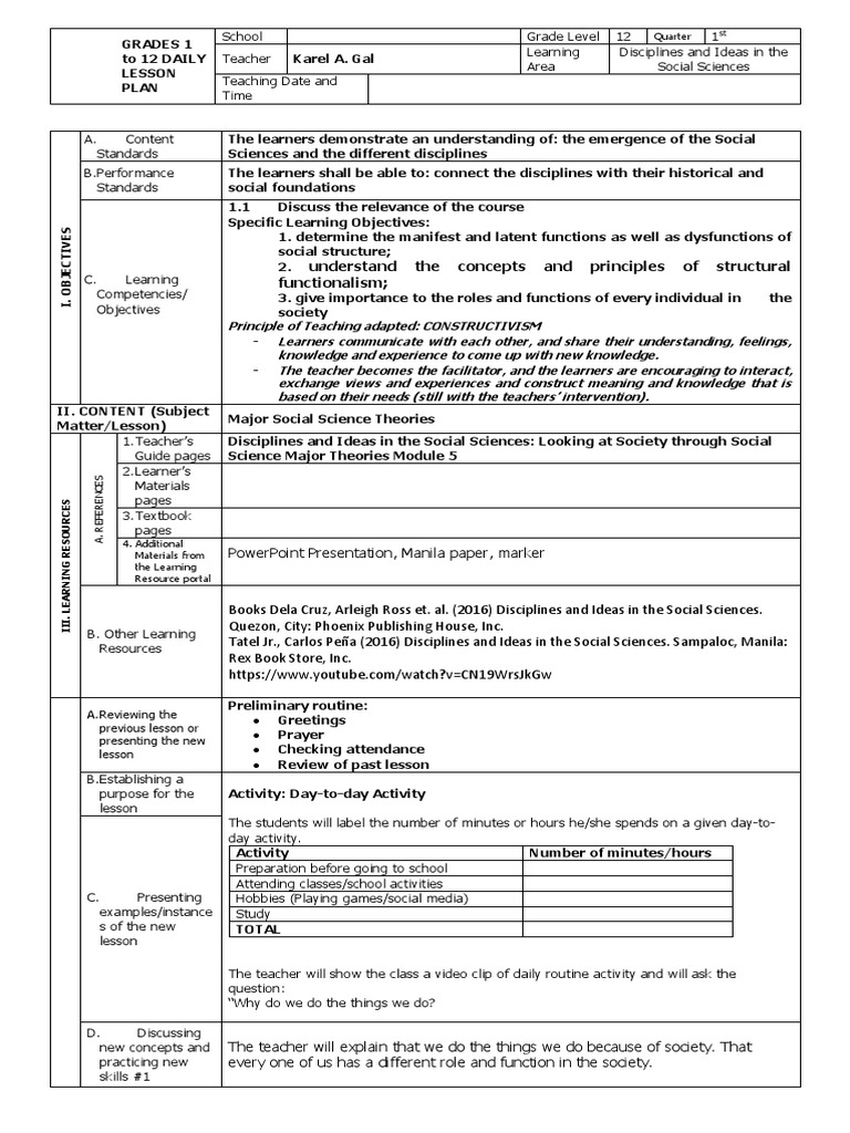 DLP-DISS Quarter 1 - Structural Functionalism | PDF | Learning | Teachers