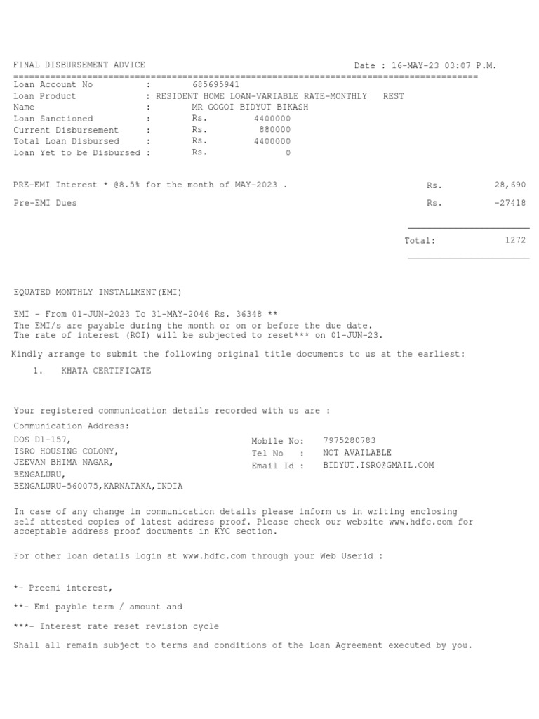 Home Loan Disbursement Advice - May 2023 | PDF | Law