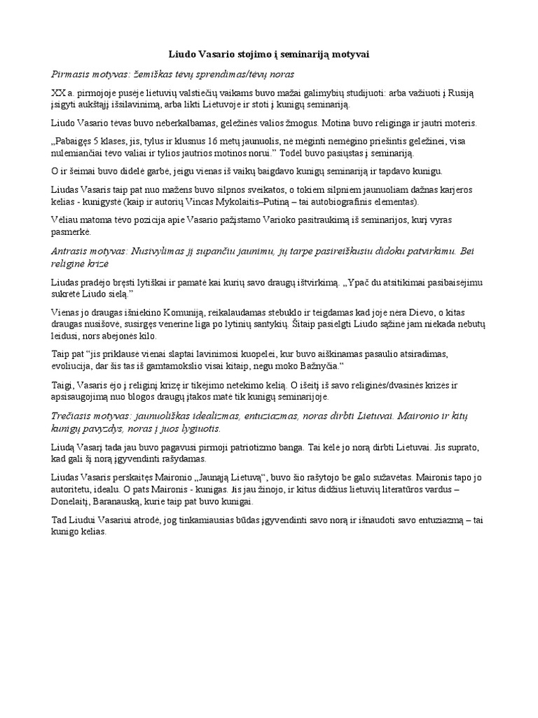 Liudo Vasario Stojimo Į Seminariją Motyvai | PDF