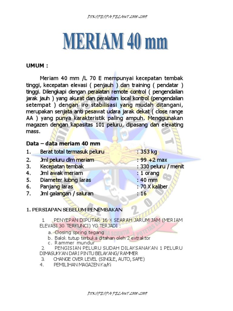 Meriam 40mm/L70 E: Spesifikasi & Operasi | PDF