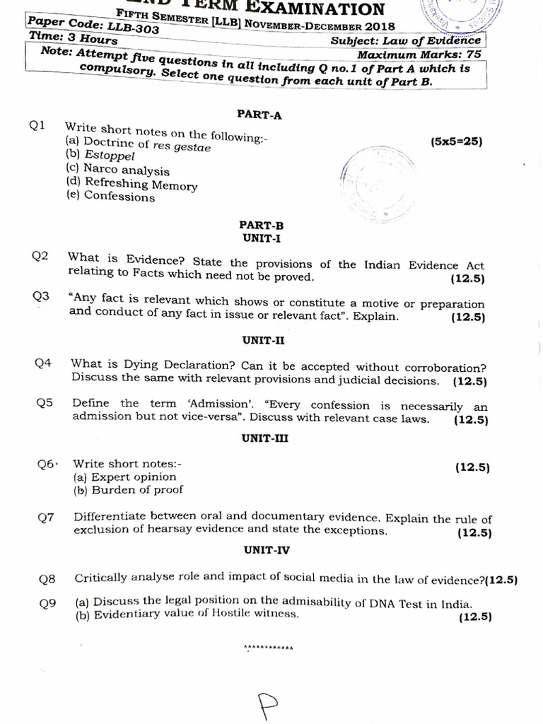 Evidence Law Previous Year Papers 5th Sem | PDF | Evidence (Law) | Burden Of Proof (Law)