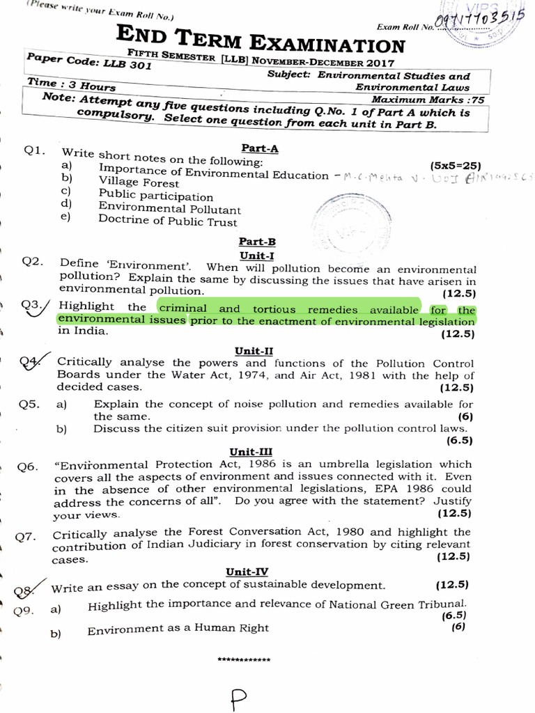 Environment Law Previous Year Papers 5th Sem-1 | PDF | Environmental ...