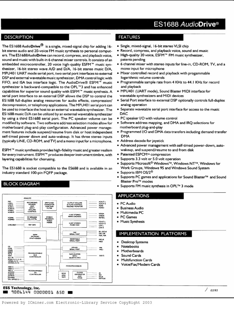 ESS AudioDrive Es1688 AudioDrive Datasheet | PDF