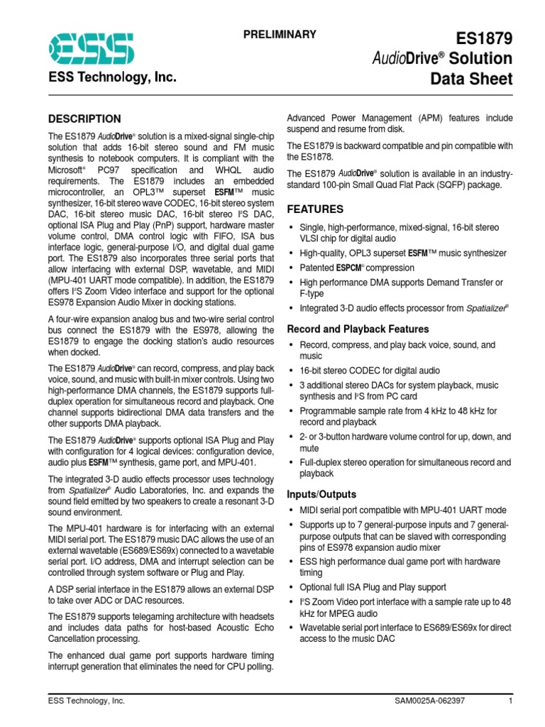 ESS AudioDrive ES1879a | PDF | Digital Audio | Input/Output