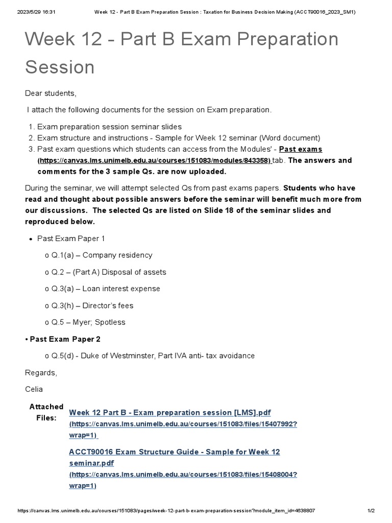 Week 12 - Part B Exam Preparation Session - Taxation For Business ...