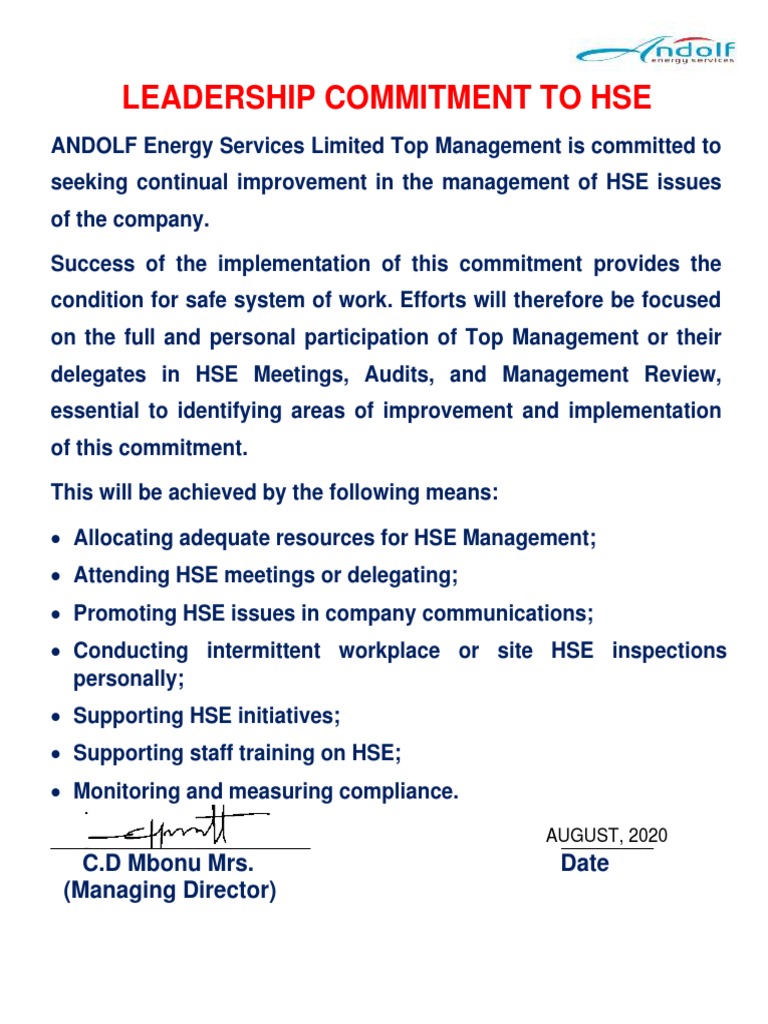 Leadership Commitment To Hse: C.D Mbonu Mrs. Date (Managing Director) | PDF | Occupational ...