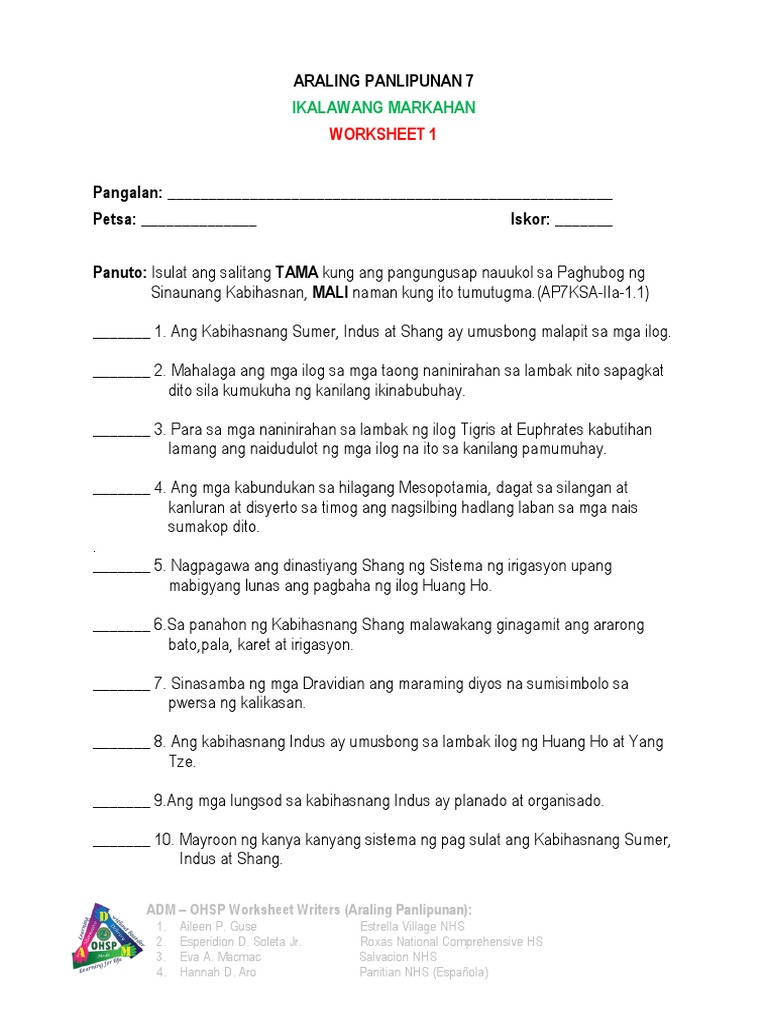 ADM Worksheet Quarter 2 (Araling Panlipunan - G7) | PDF