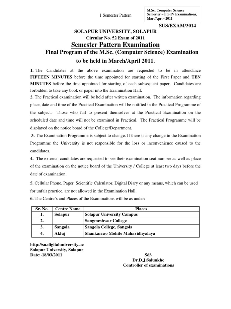 Semester Examination Schedule for M.Sc. Computer Science Program at ...