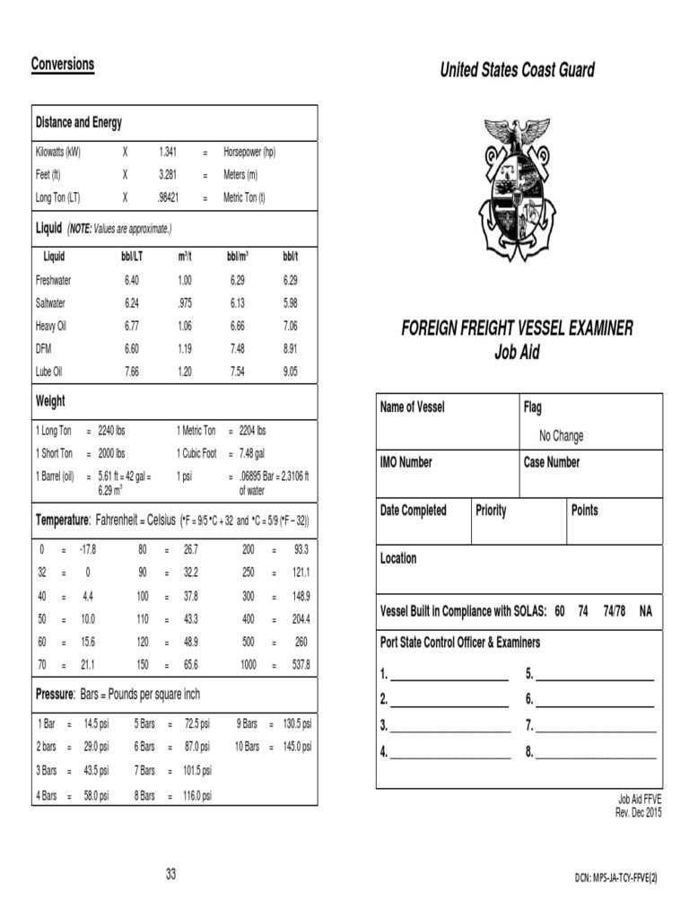 USCG Foreign Freight Vessel Examiner JobAid | PDF | Barrel (Unit)