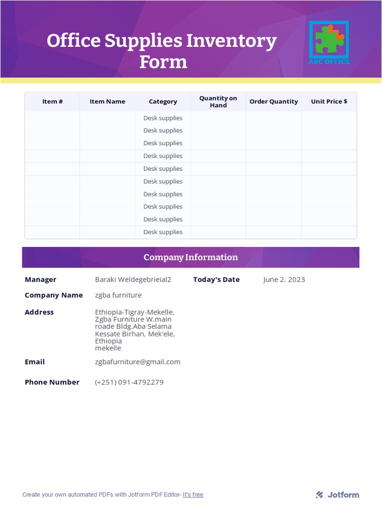 Zgba-Furniture Inventory List Form | PDF