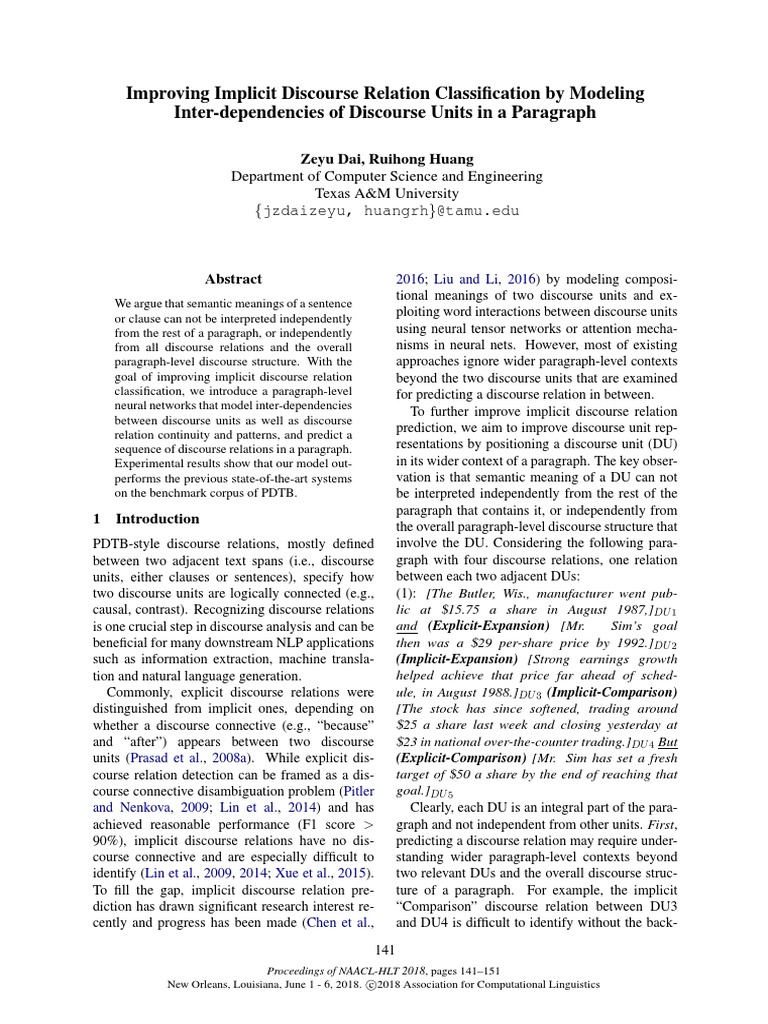 Dai And Huang 2018 Improving Implicit Discourse Relation Classification By Modeling Pdf