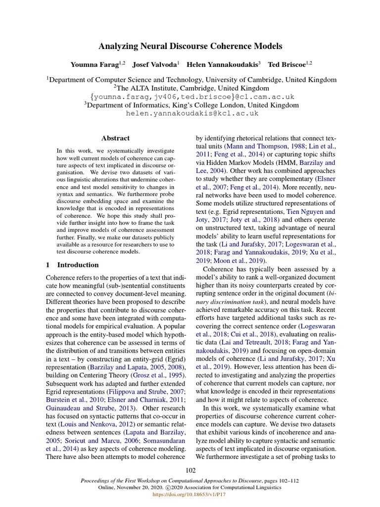Farag Et Al. - 2020 - Analyzing Neural Discourse Coherence Models | PDF