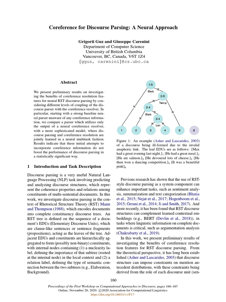 Guz And Carenini 2020 Coreference For Discourse Parsing A Neural Approach Pdf