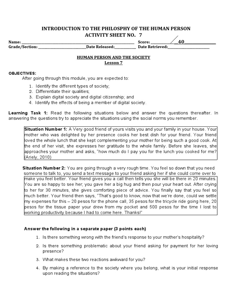 Mod.7-Activity-Sheets - Human Person and Society | PDF | Citizenship ...
