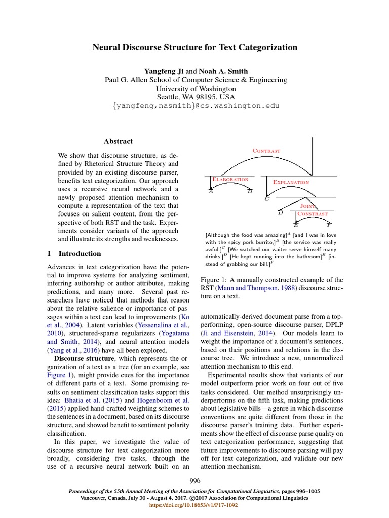 Ji And Smith 2017 Neural Discourse Structure For Text Categorization Pdf Parsing