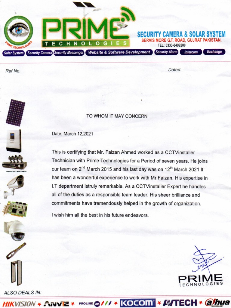 Faizan Ahmed Experience Letter in CCTV Department | PDF Faizan Ahmed Experience Letter in CCTV Department | PDF