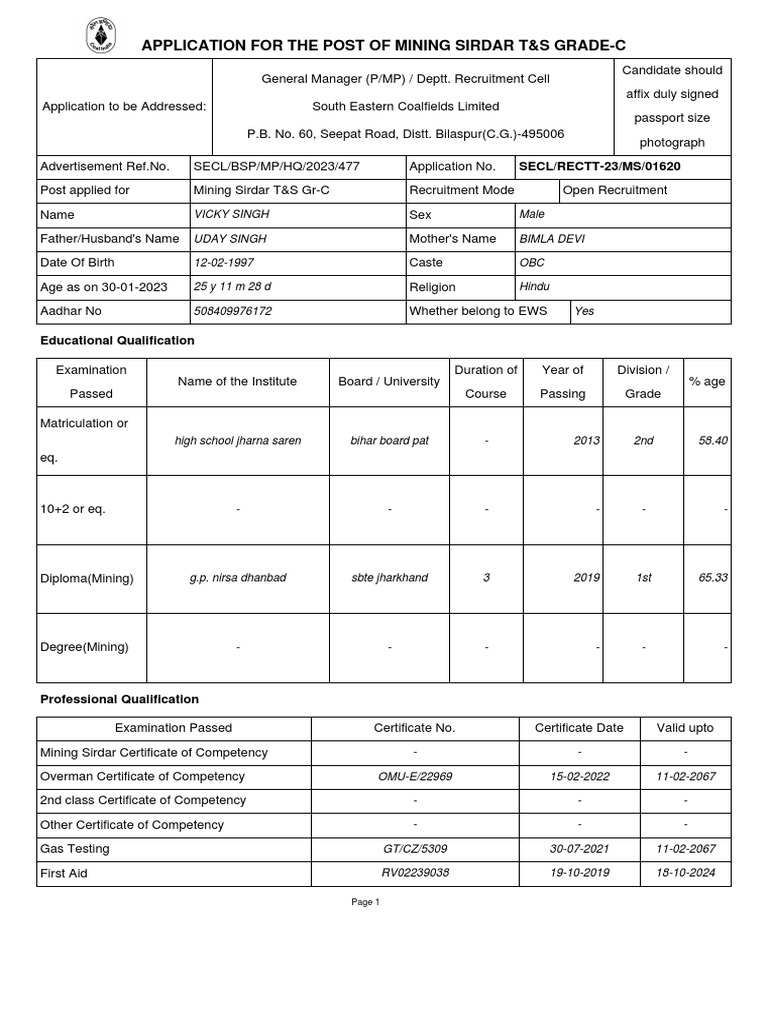 Application For The Post of Mining Sirdar T&S Grade-C: SECL/RECTT-23/MS/01620 | PDF