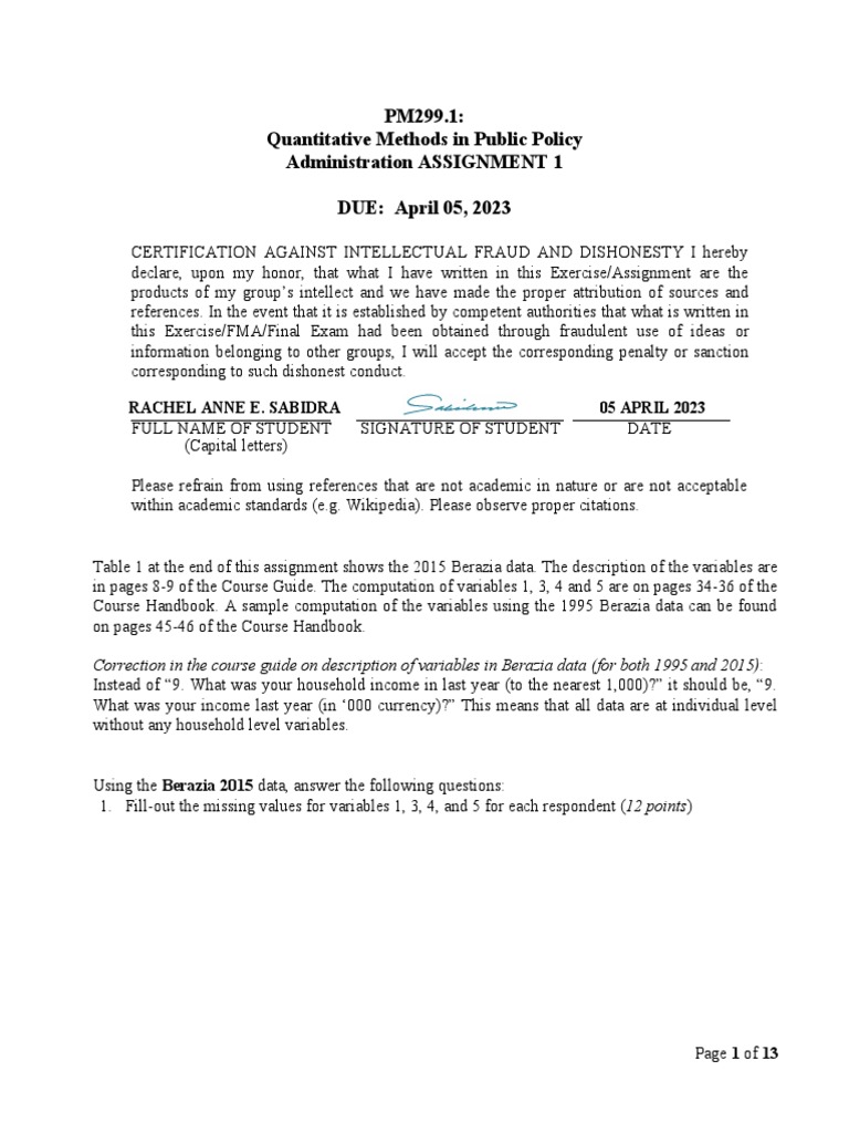 Assignment 1 - PM299 - 1 2nd Sem SY 2022-2023 - Sabidra - de Guzman | PDF | Statistical ...