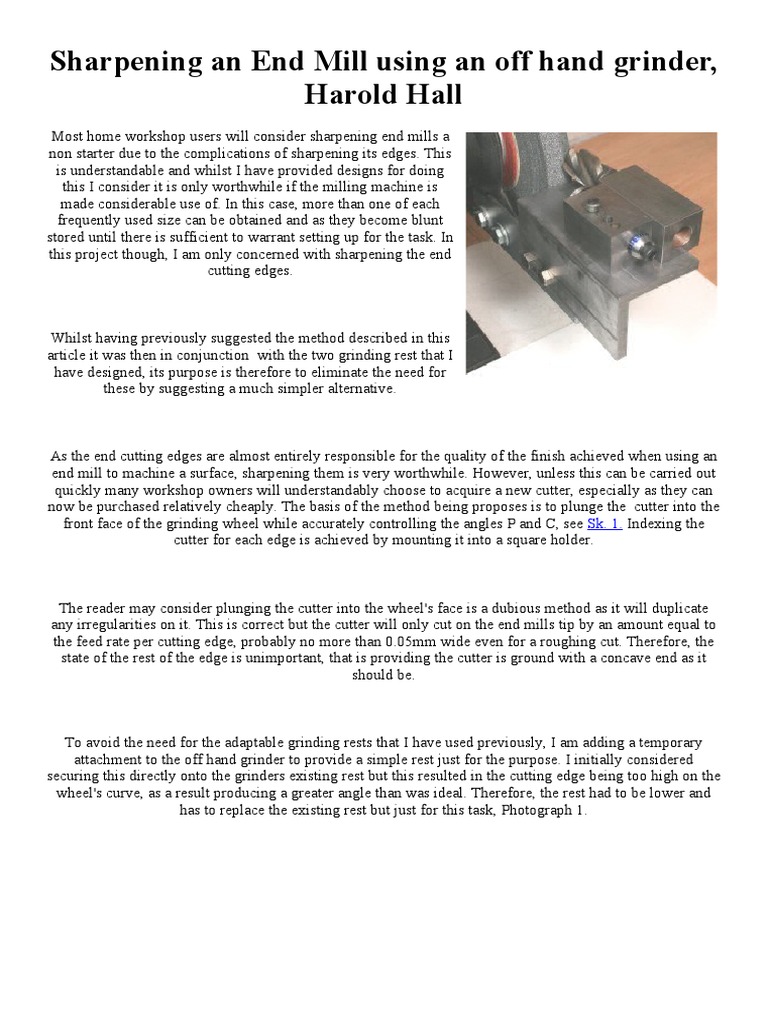 Sharpening An End Mill Using An Off Hand Grinder | PDF