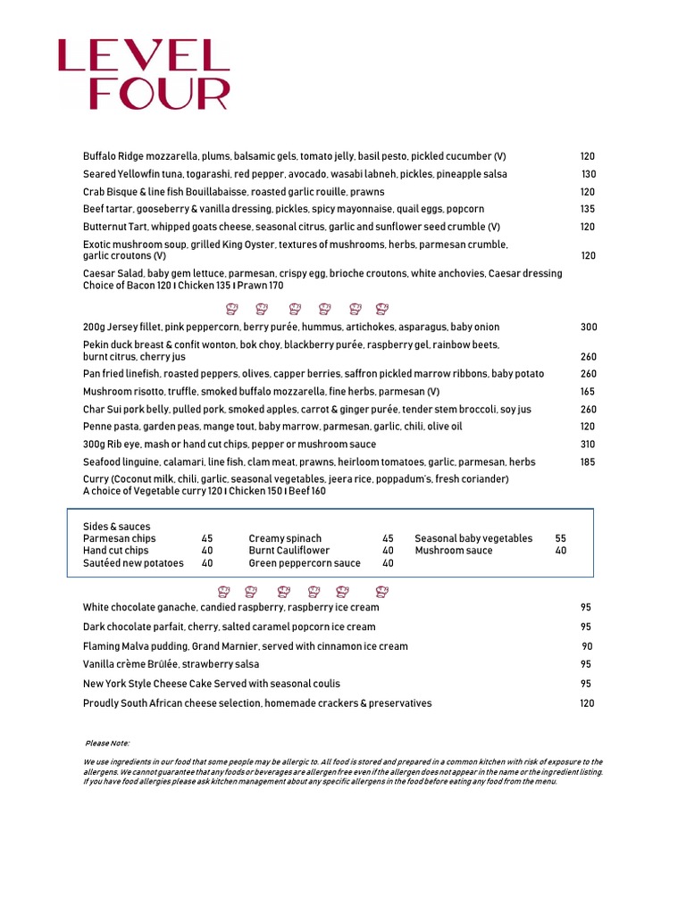 Level 4 Restaurant Menu Overview | PDF | Pickling | Sauce