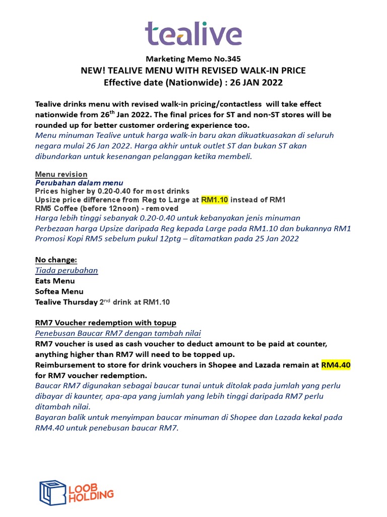 Tealive Marketing Memo 345 0 Tealive New Menu Starting 26 Jan 2022 | PDF