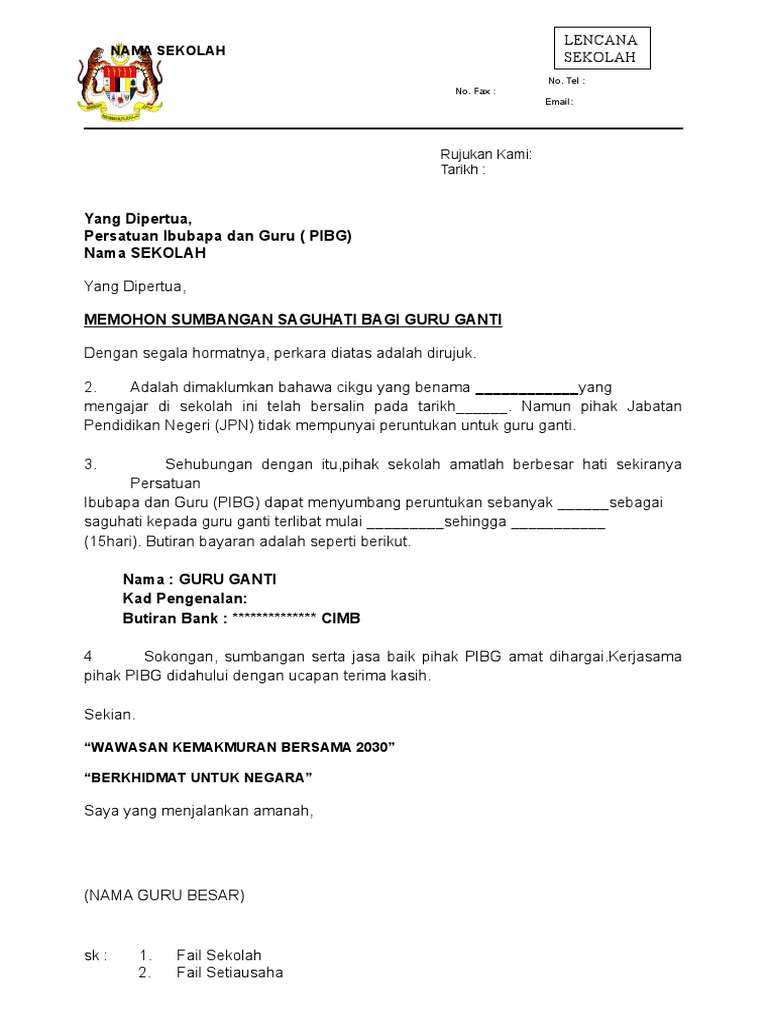 TEMPLATE Surat SUMBANGAN BAYARAN Guru Ganti | PDF