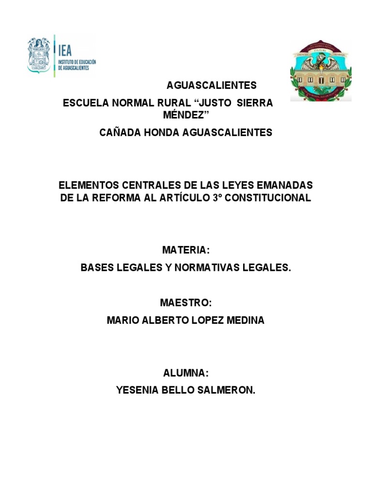 Elementos Centrales de Las Leyes Emanadas de La Reforma Al Artículo 3 ...