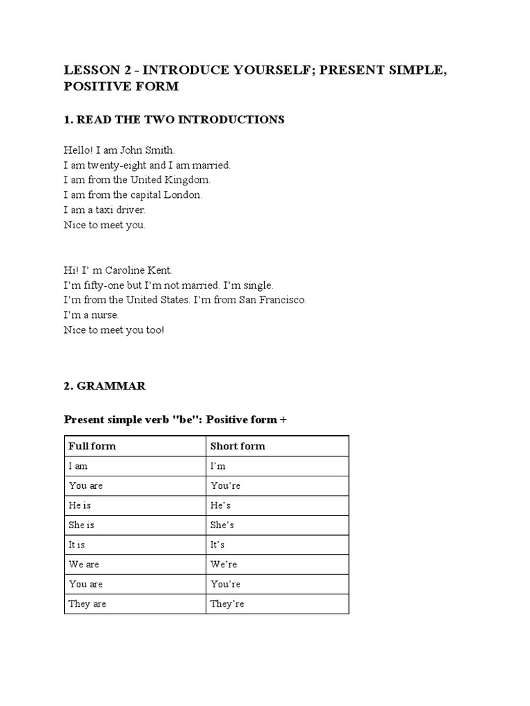 UDA 2 - Introduce Yourself - Present Simple - Positive Form | PDF