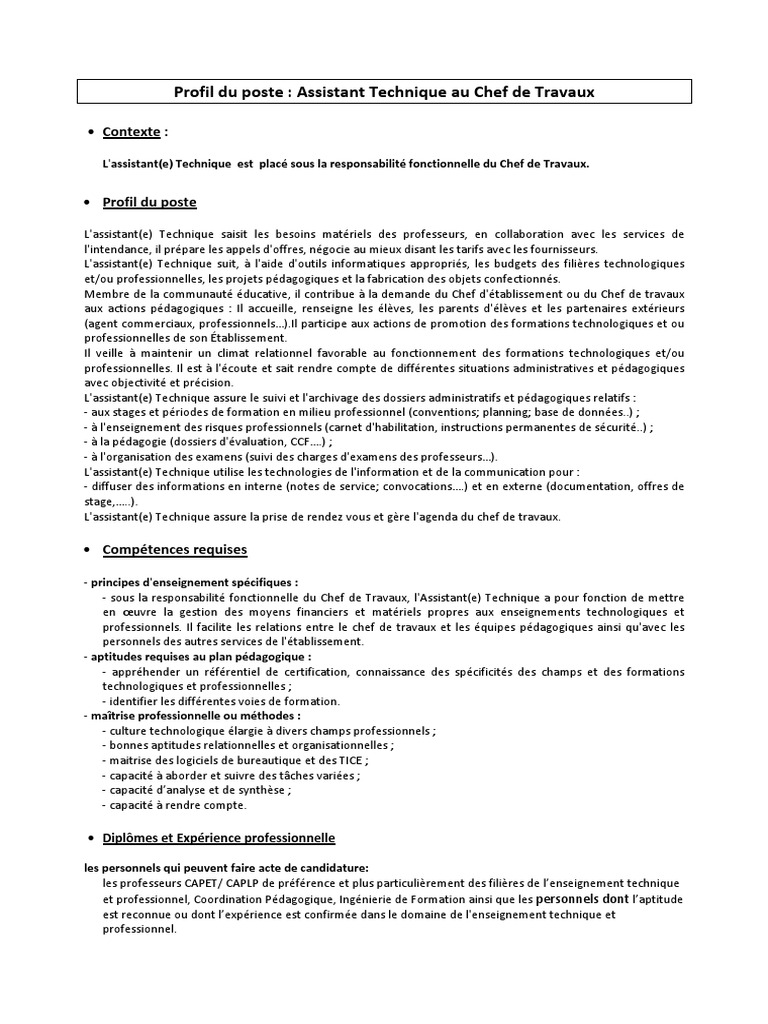 FICHE DE POSTE-assistant Chef Des Travaux | PDF | Pédagogie | Enseignement