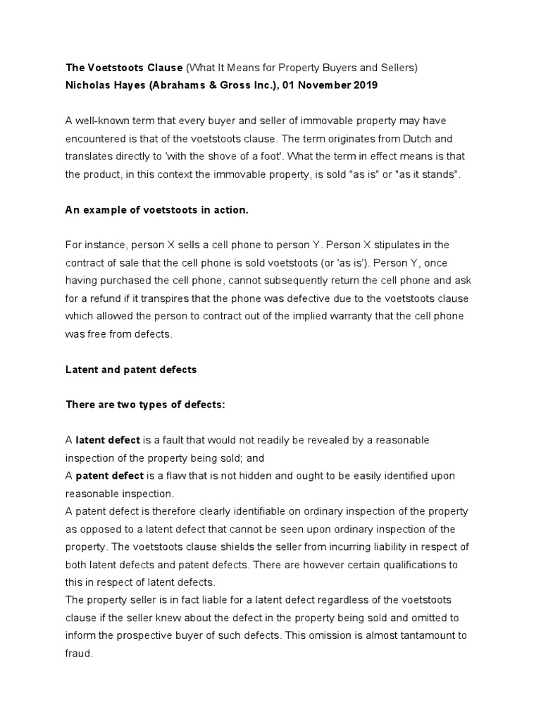 The Voetstoots Clause (EXPLAINATION) | PDF