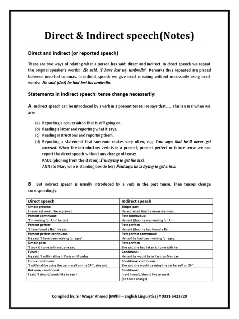 Direct vs. Indirect Speech Guide | PDF