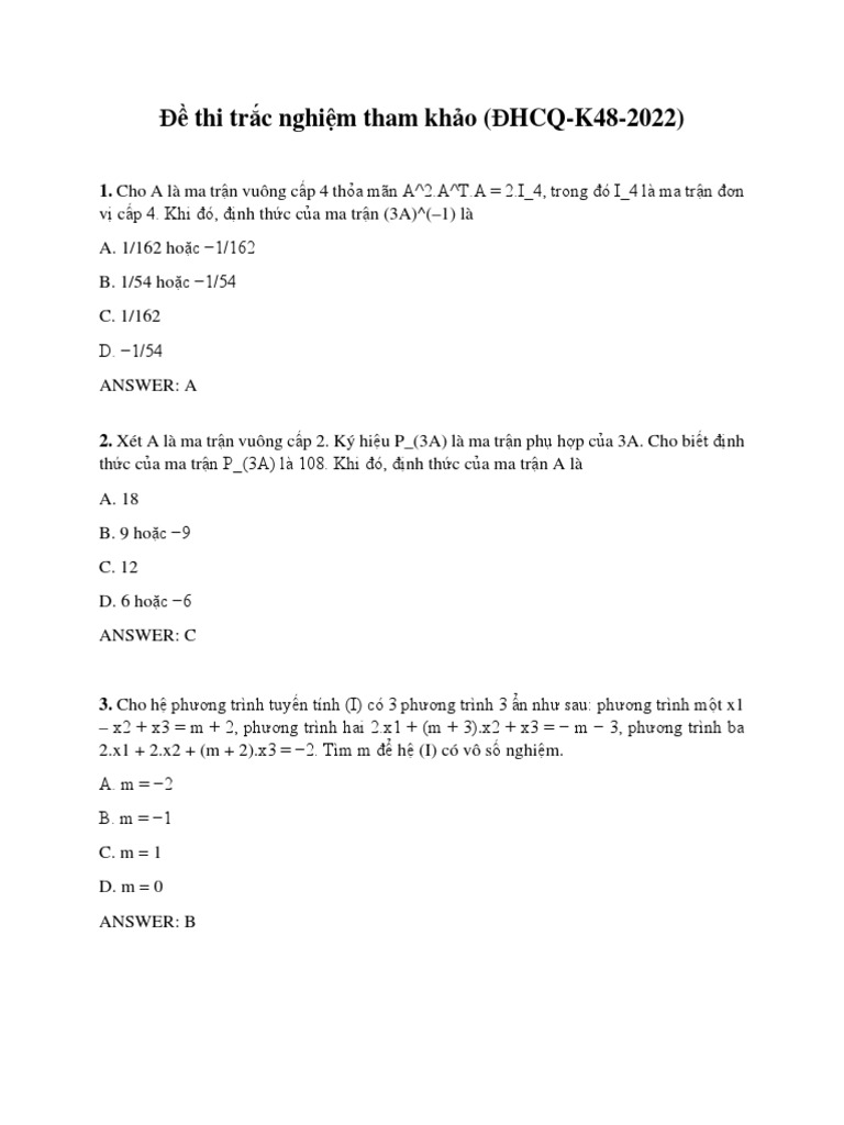 Đề thi đáp án trắc nghiệm tham khảo K48 2022 | PDF