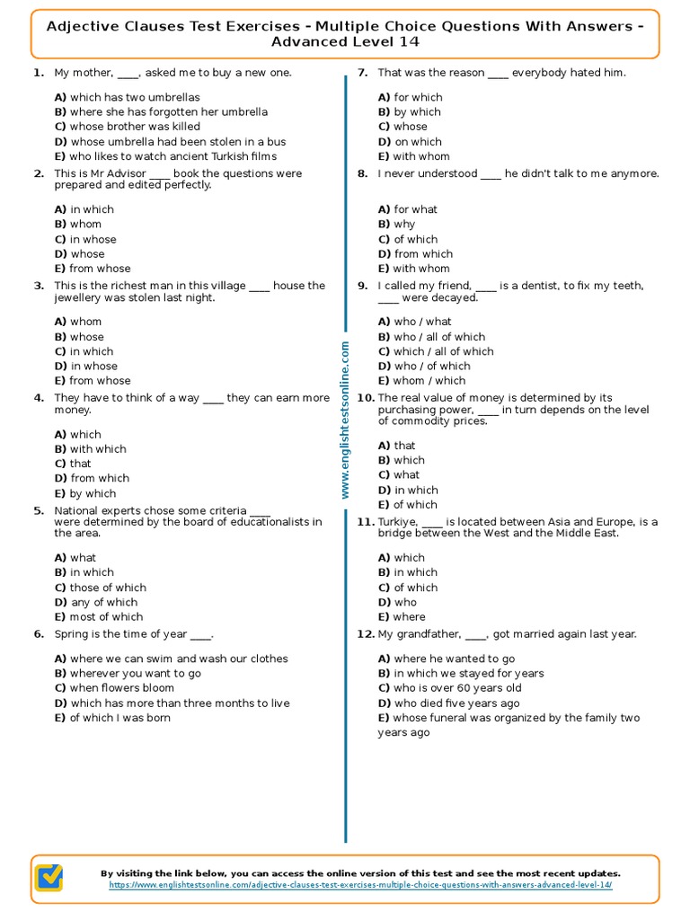 513 - Adjective Clauses Test Exercises Multiple Choice Questions With ...