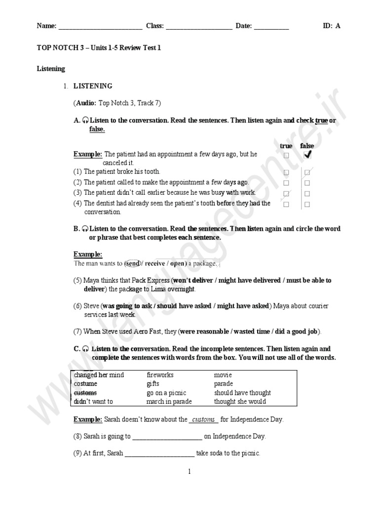 Top Notch 3a Units 1 5 Test | PDF